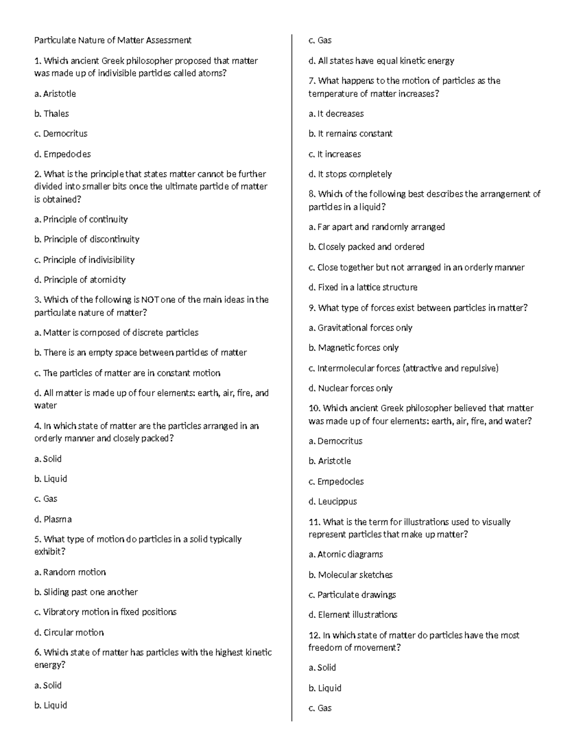 Particulate Nature of Matter Assessment: Key Concepts and Questions ...