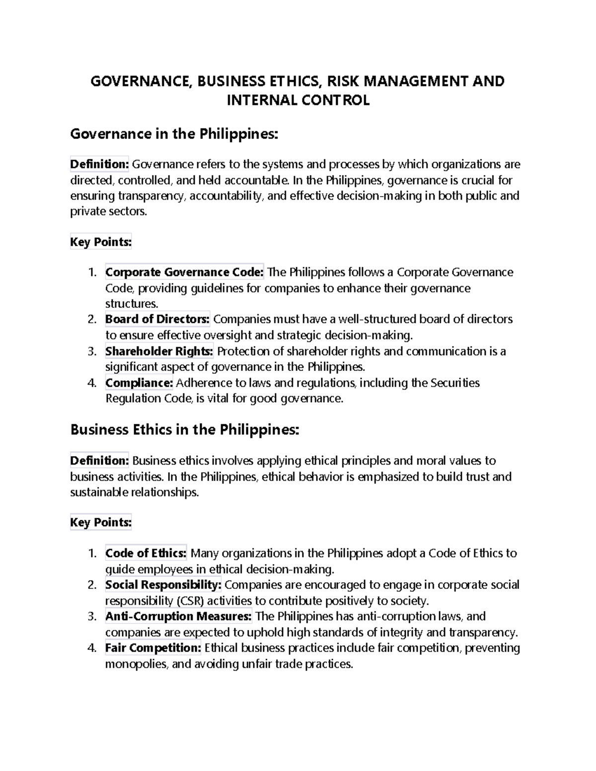 Governance-1 - Governance lesson - GOVERNANCE, BUSINESS ETHICS, RISK ...