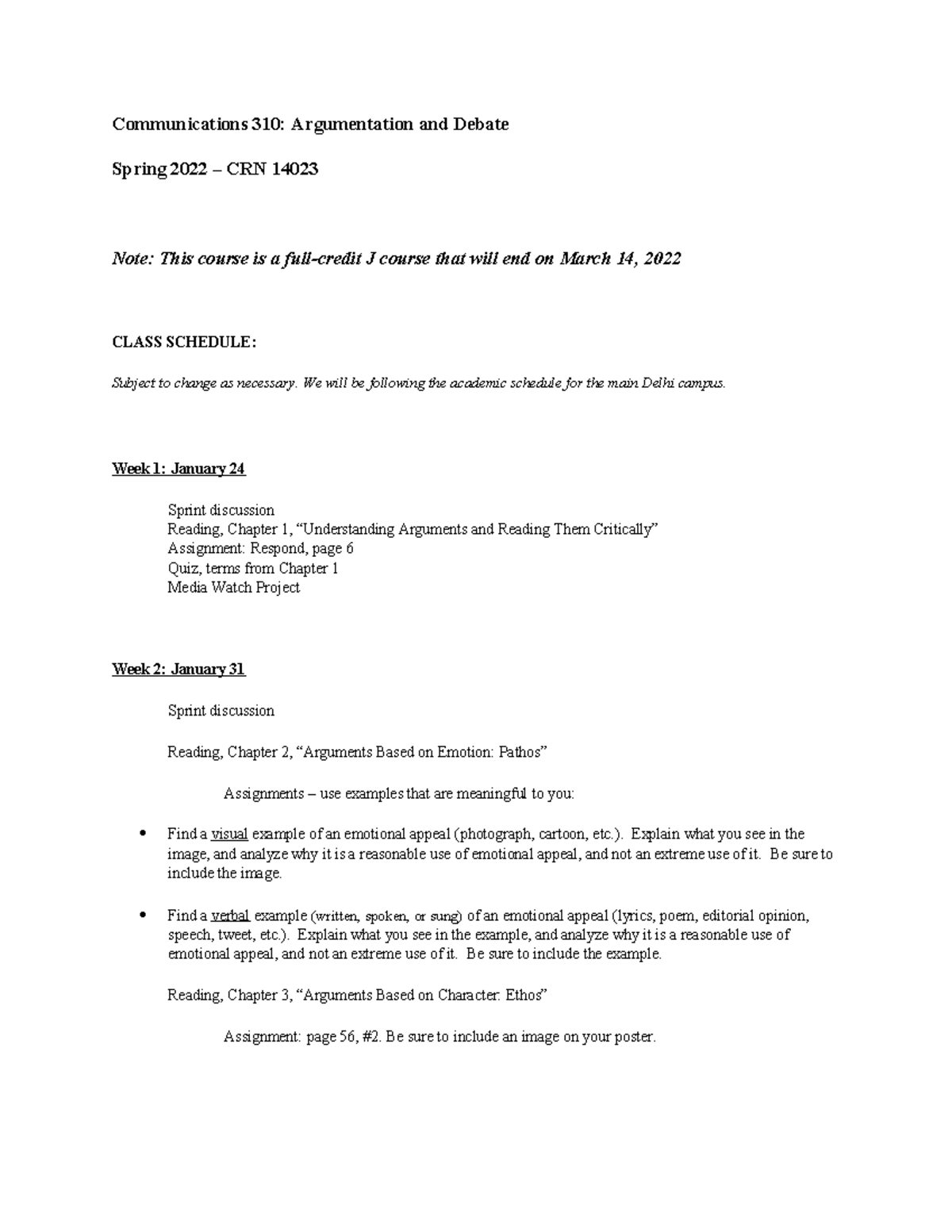 Communications 310: Argumentation & Debate Spring 2022 Class Schedule ...