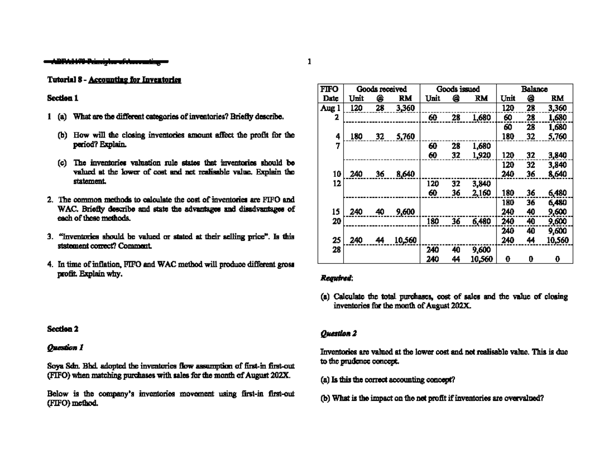 Principles 1 Tutorial 8: Accounting for Inventories (FIFO) - Studocu