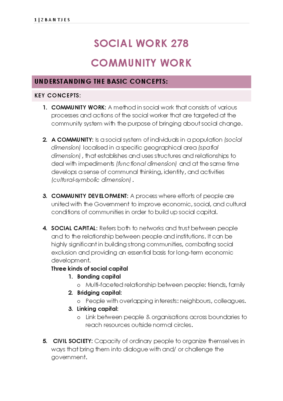 SOCIAL WORK 278: Comprehensive Community Work Study Notes - Studocu