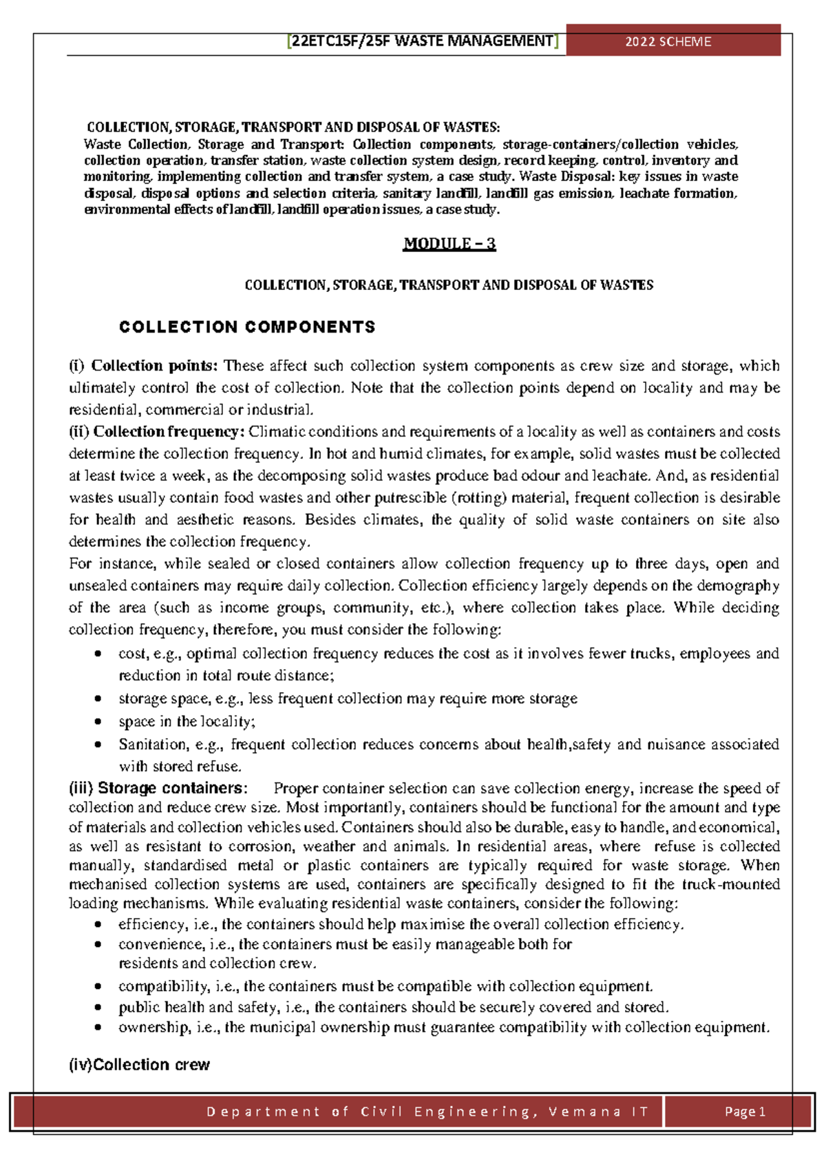 Waste Management - Module 3: Collection, Storage, Transport & Disposal - Studocu