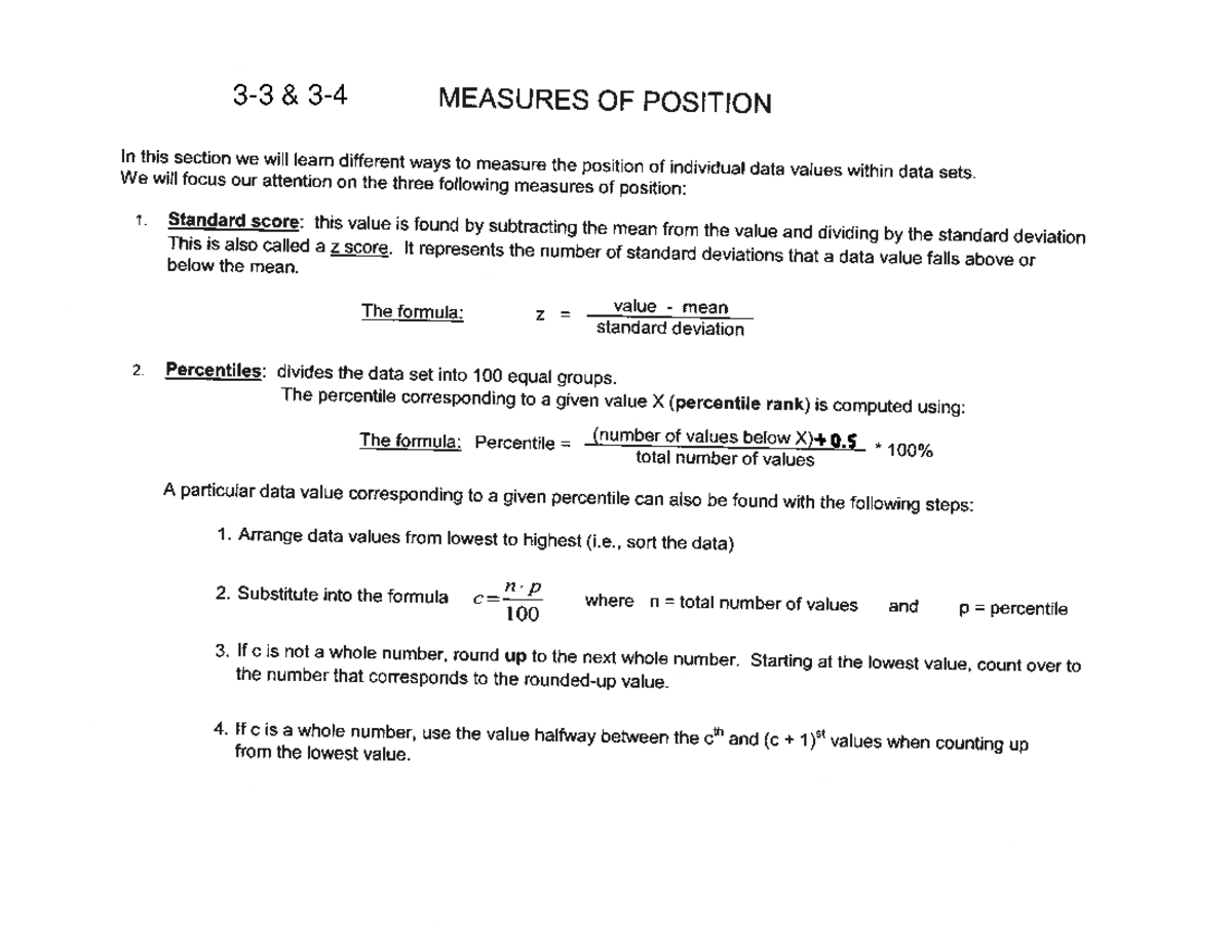 MEASURES OF POSITION: Understanding Z Scores, Percentiles, and ...