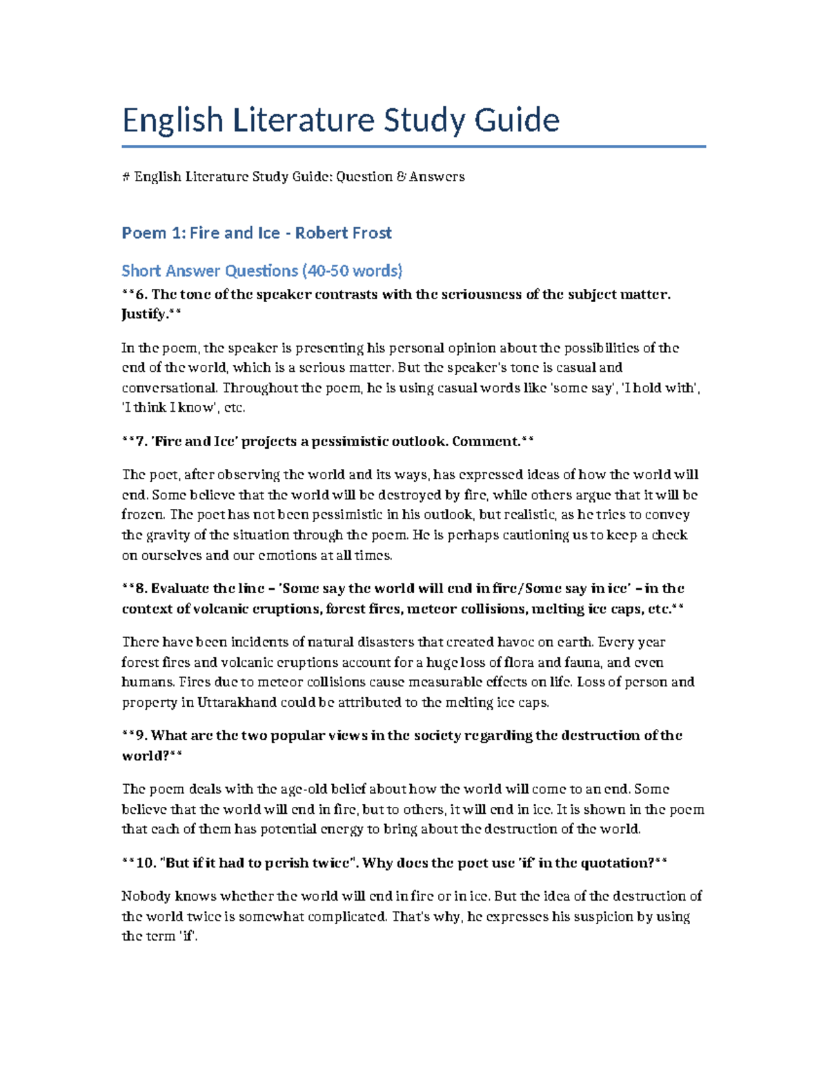 English Literature Q&A Notes: Analyzing Frost & Norris Poems - Studocu