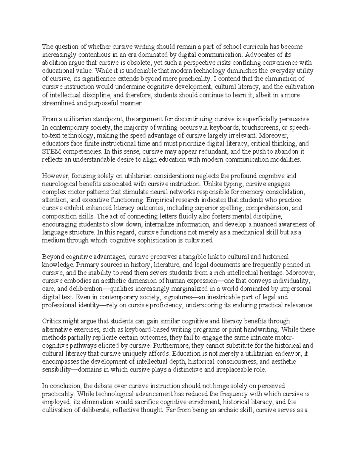 ENG 101 Essay: The Importance of Cursive Writing in Education - Studocu