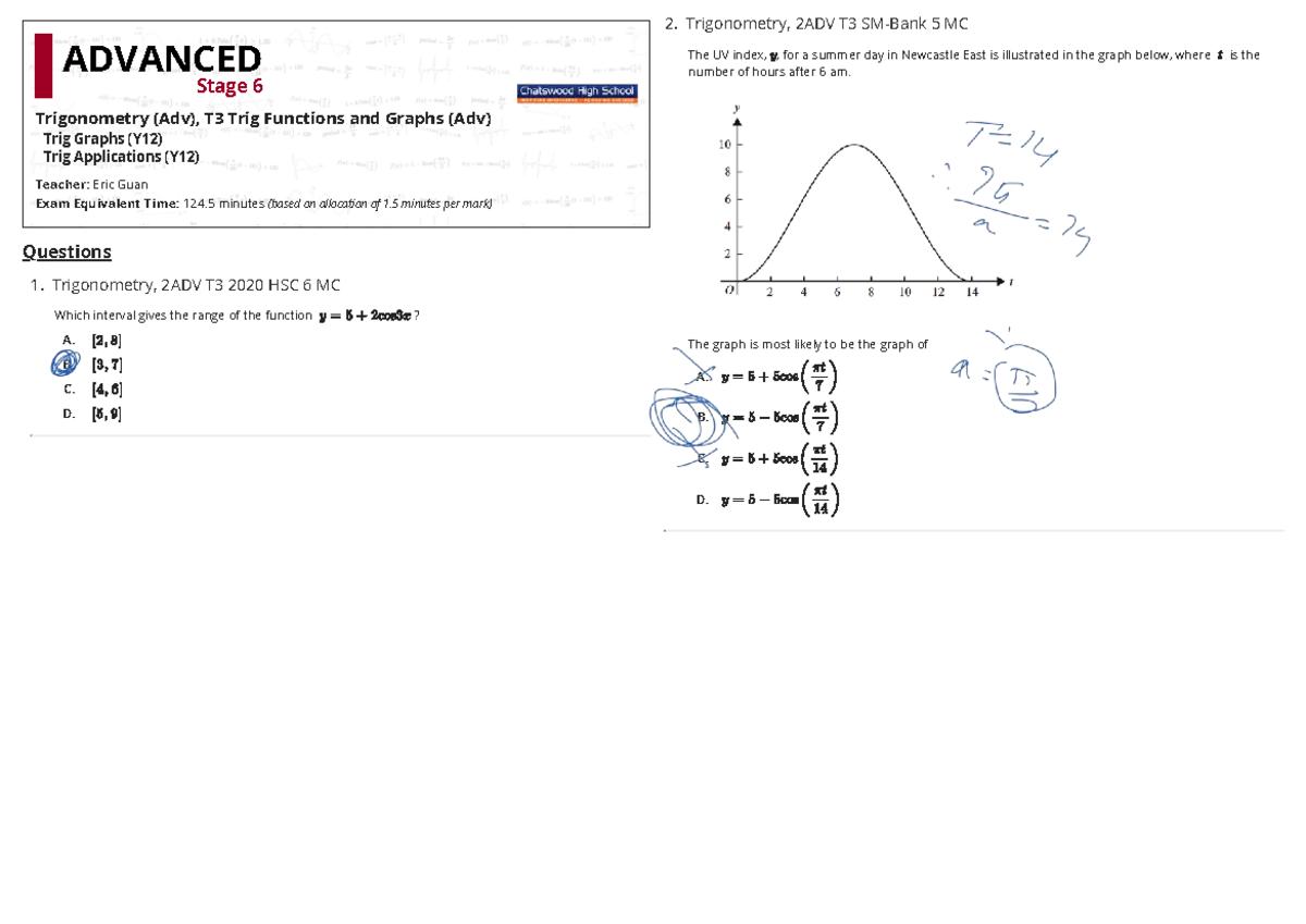 Trigonometry 2ADV T3: Functions & Graphs Study Notes - Studocu