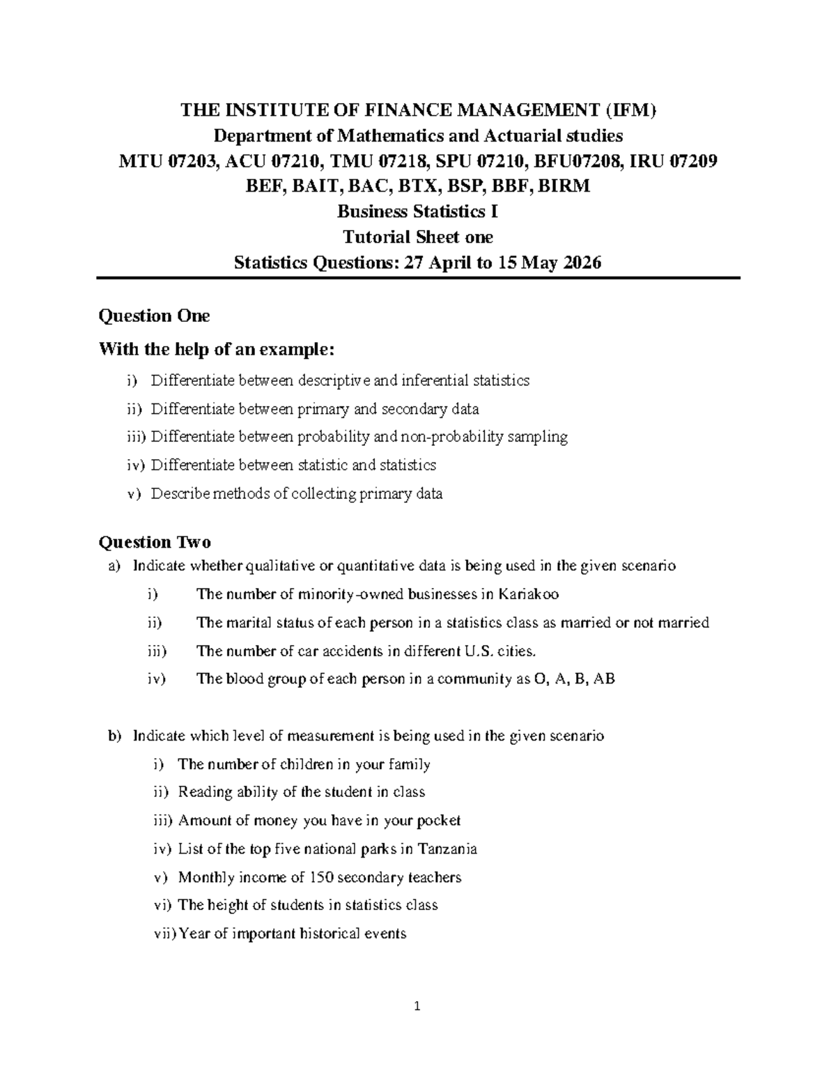 Business Statistics I (MTU 07203) Tutorial Sheet 1: Statistics ...