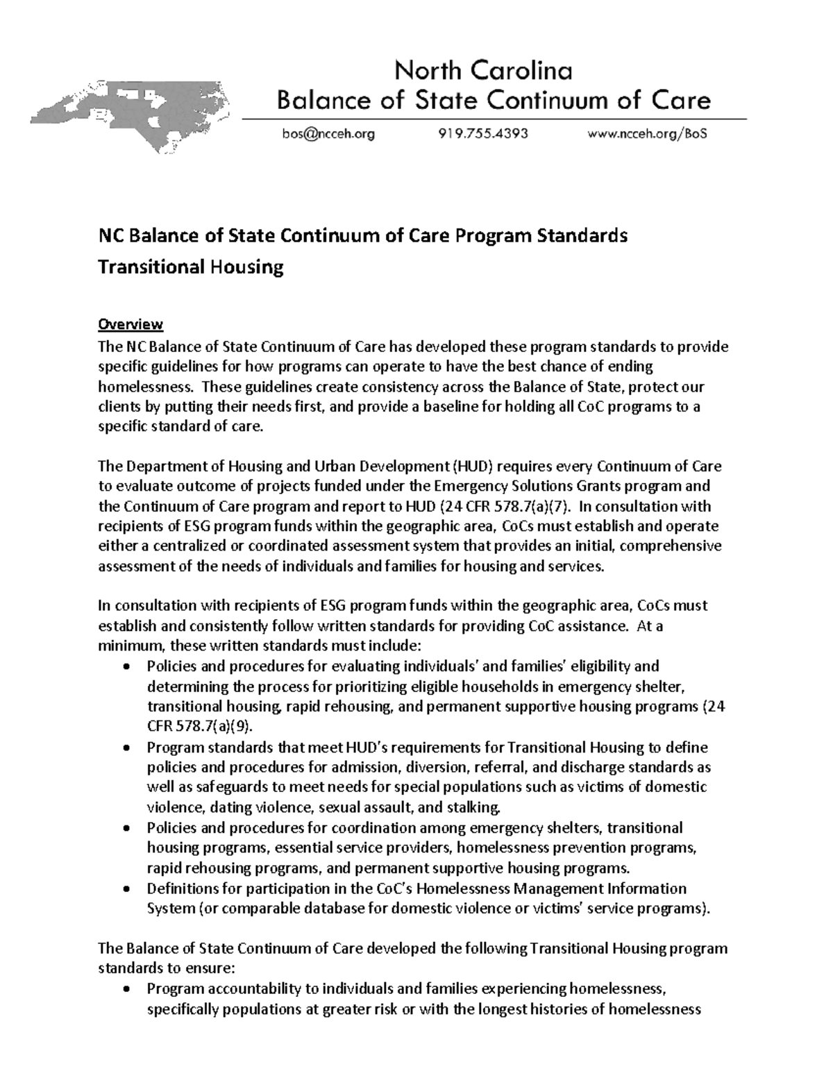 NC Balance of State CoC Transitional Housing Program Standards Overview ...