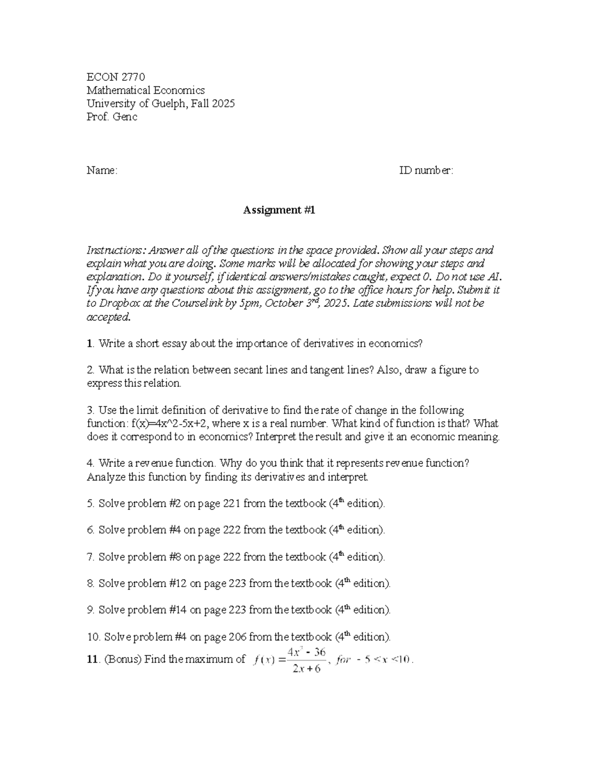 HW 1 ECON 2770 - Mathematical Economics Practice Problems - Studocu