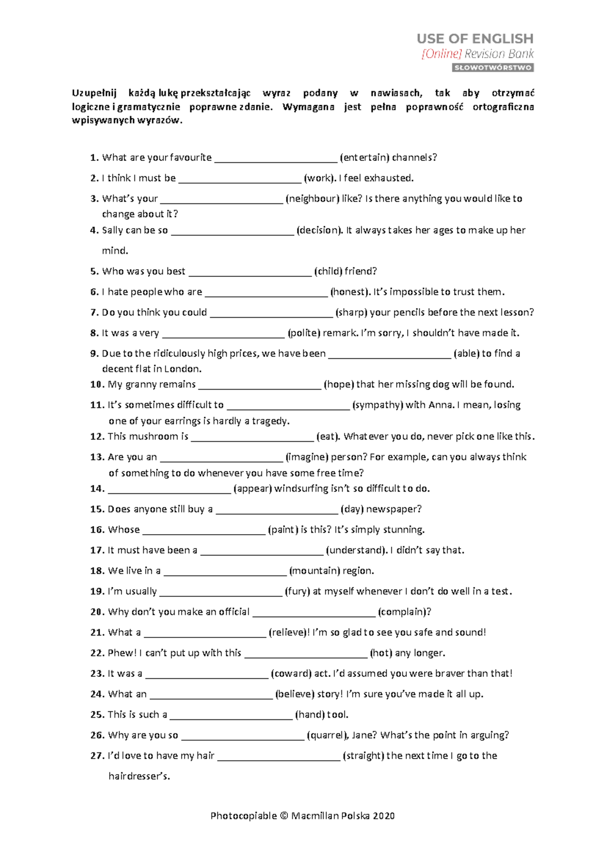 Use of English: Online Revision Bank - Slowotworstwo Exercises - Studocu