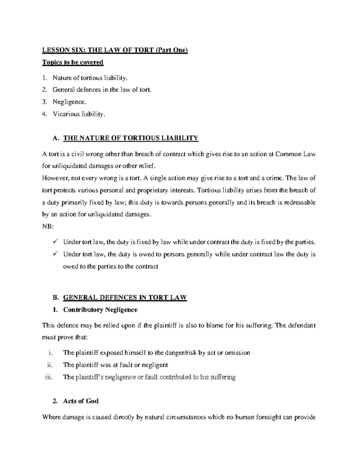 Lesson 6: The Law of Tort (Part One) - Key Concepts & Defenses - Studocu