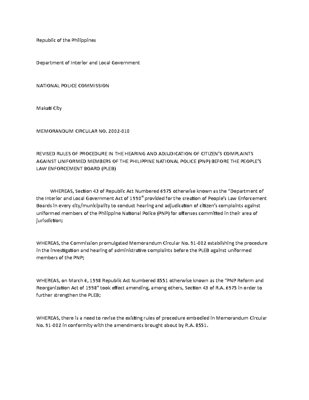 Revised Rules of Procedure for PLEB Hearings - Memo Circular 2002-010 ...