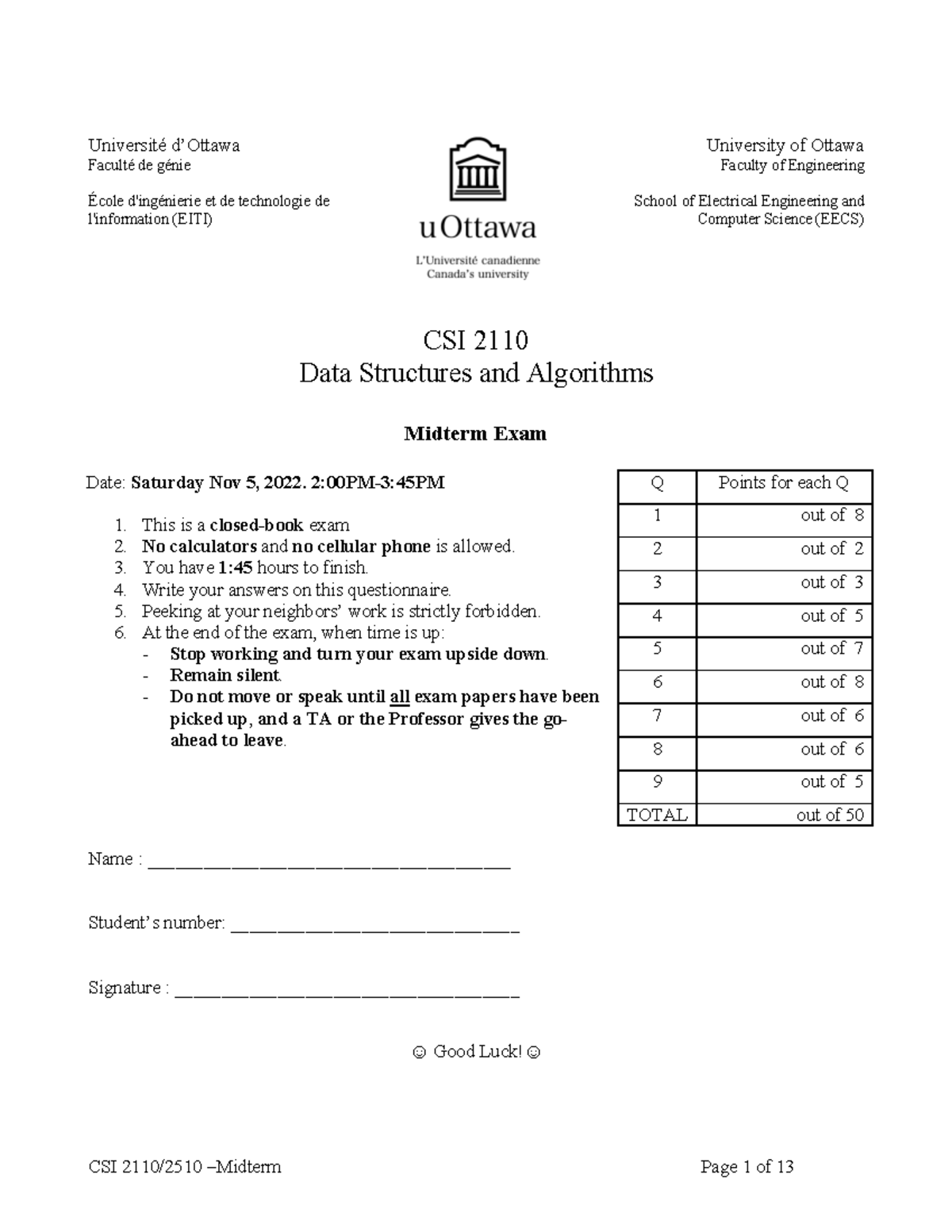 Solution for CSI 2110 Data Structures and Algorithms Midterm Exam 2022 - Studocu