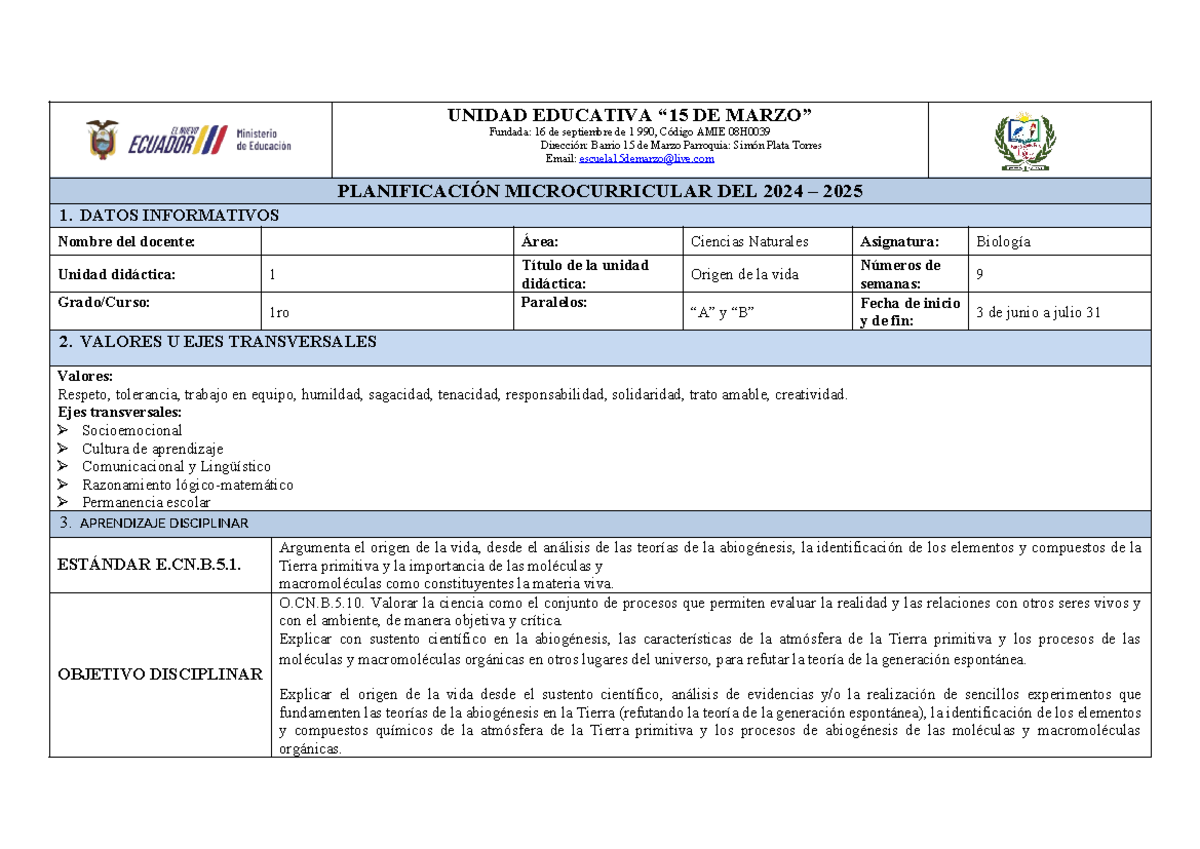 Plan Microcurricular Biología 1RO B.G.U Unidad Didáctica 1: Origen de la Vida - Studocu