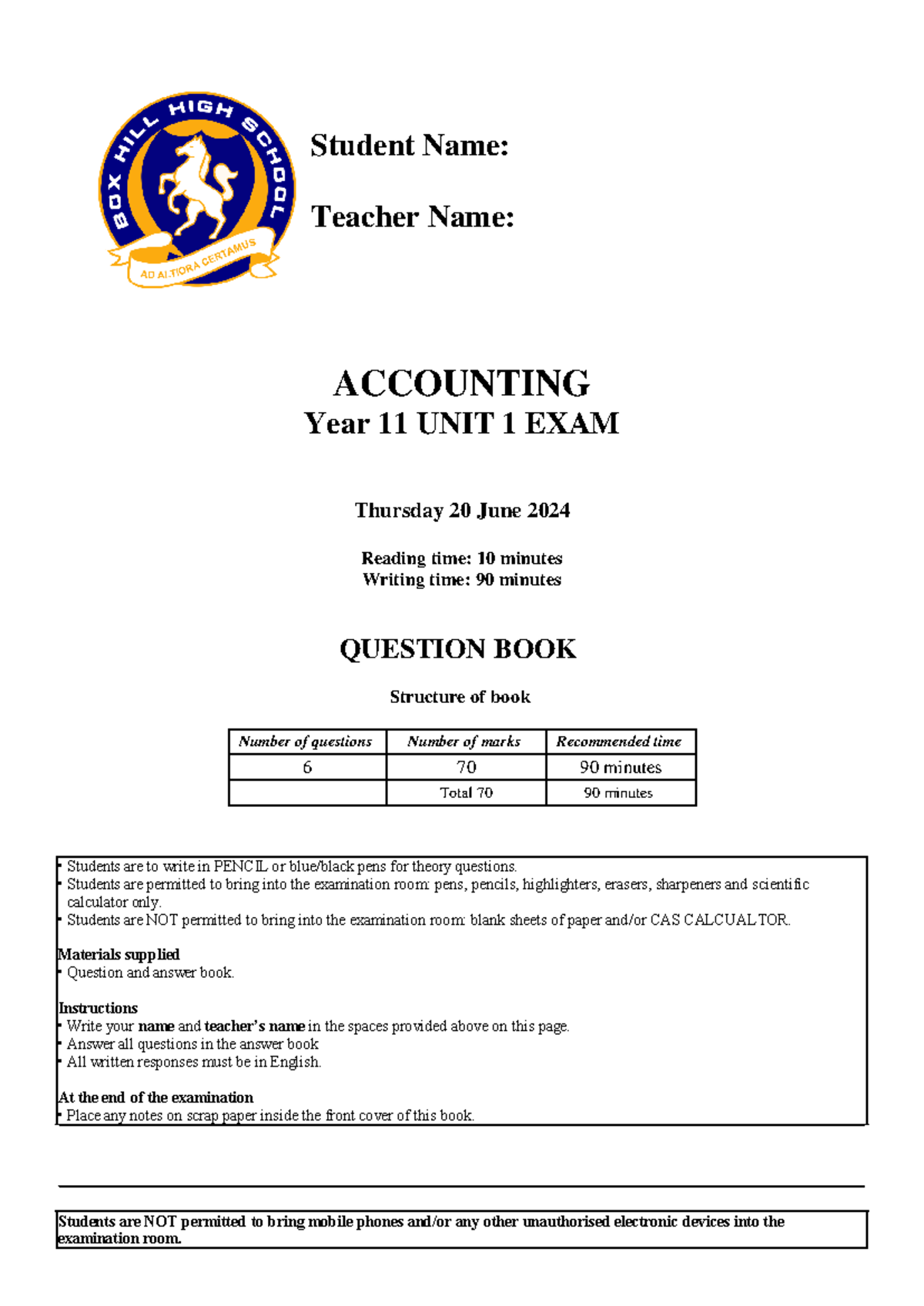 2024 ACCOUNTING Year 11 Unit 1 Exam Question Book - Studocu