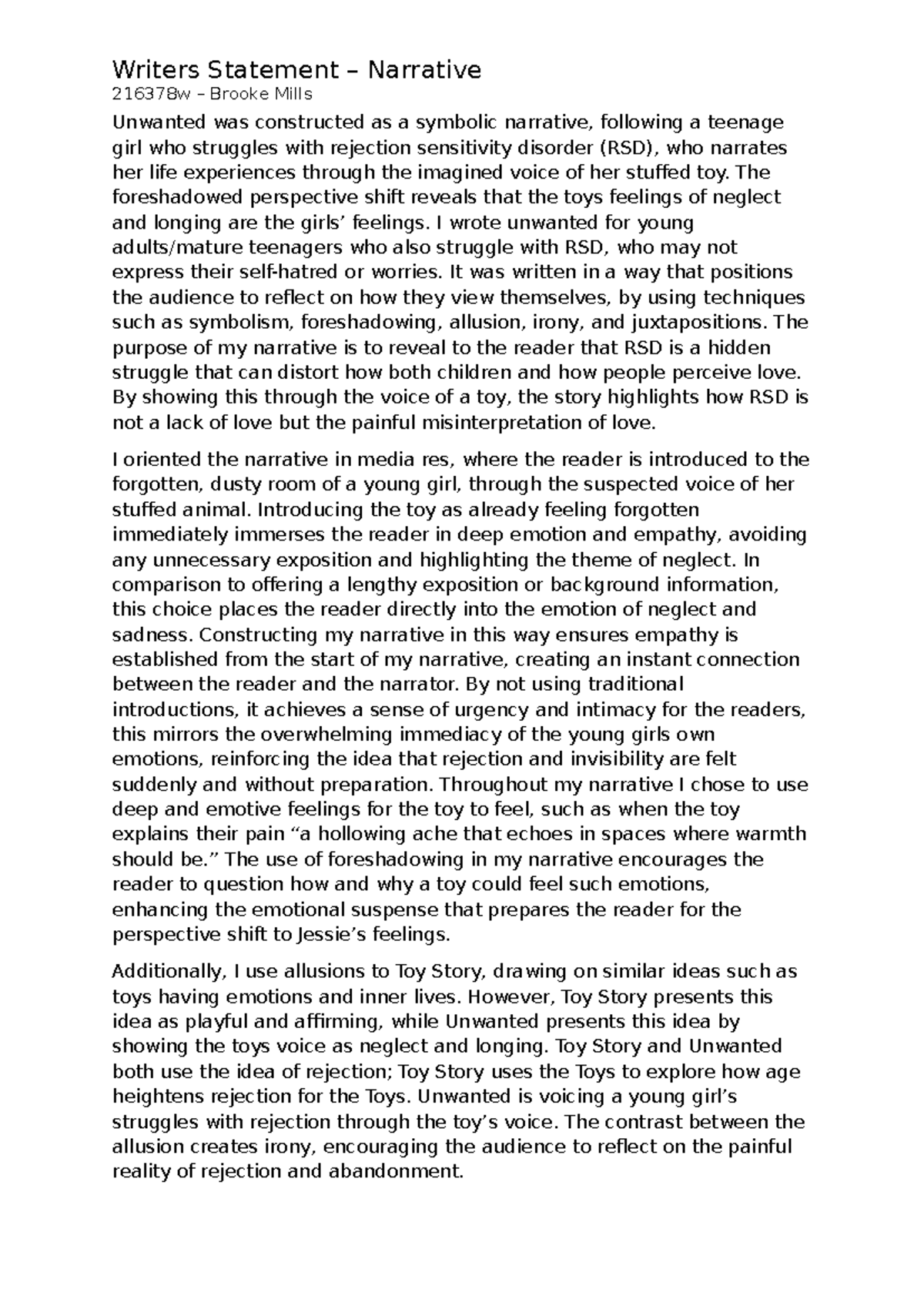 Writers Statement: Narrative Analysis of "Unwanted" 216378W - Studocu
