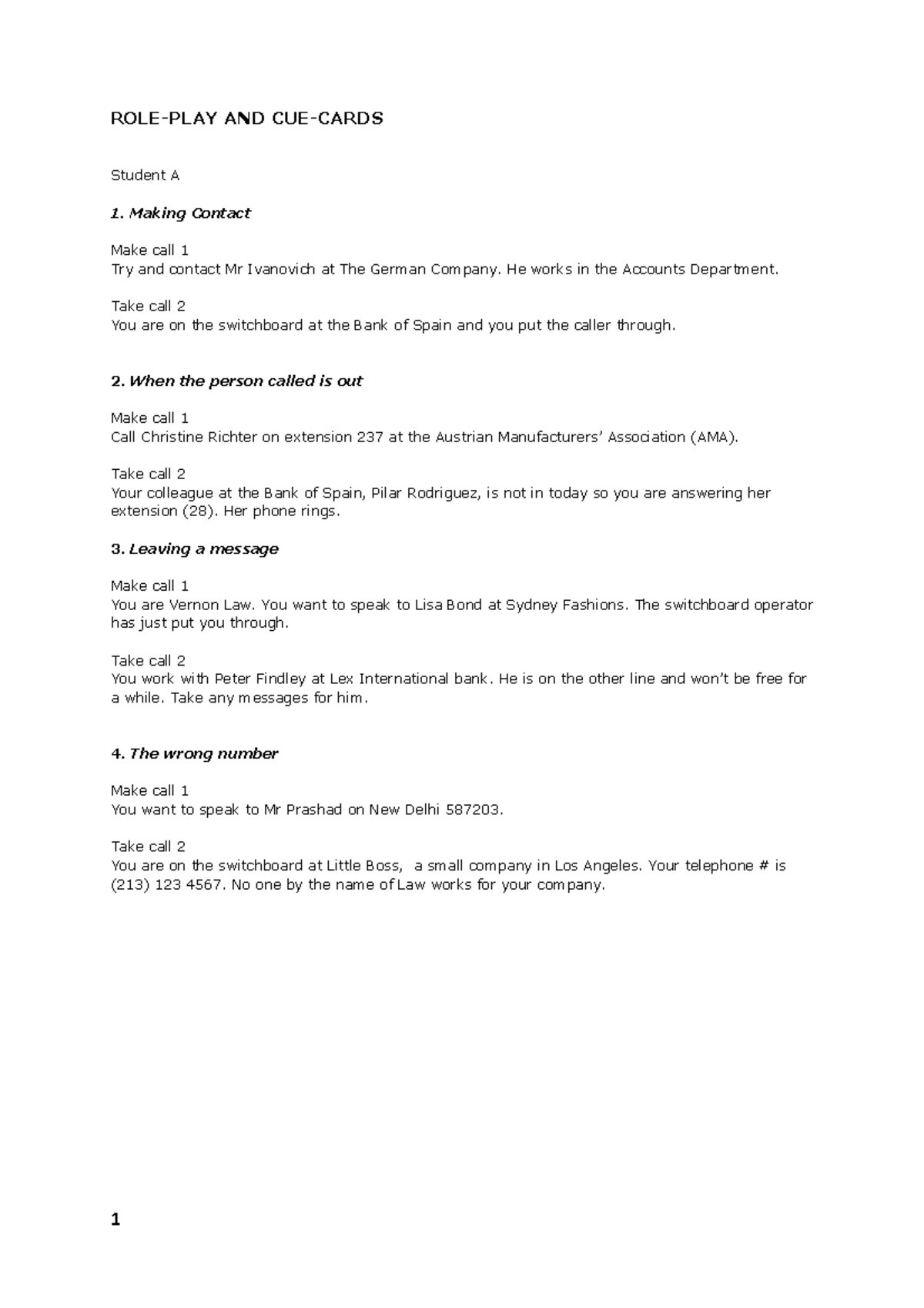 Telephone Call Role-Play Exercises for Language Practice - Studocu