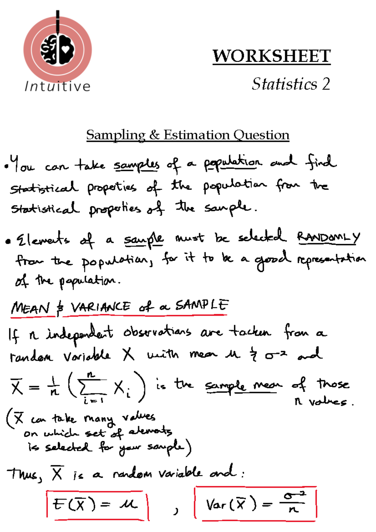 Sampling & Estimation Question - Worksheet - A2 Mathematics - WORKSHEET ...