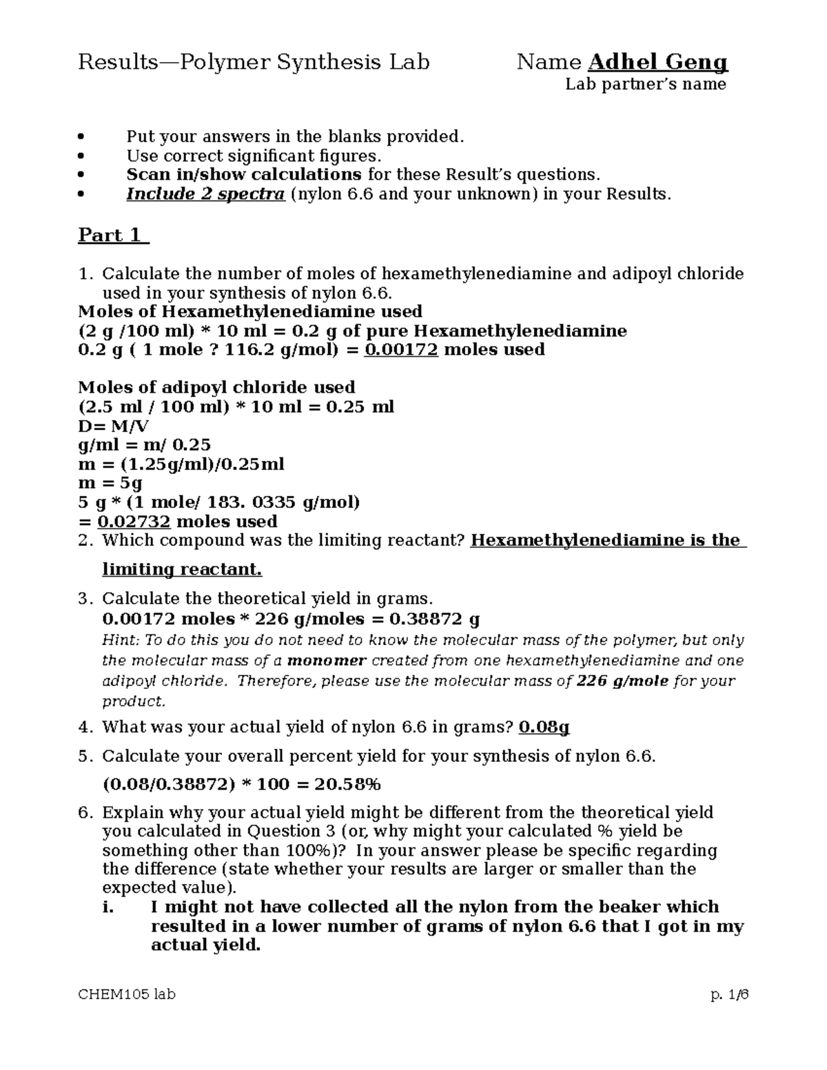 CHEM105 Synthesis Lab: Nylon 6.6 Results & Analysis - Studocu