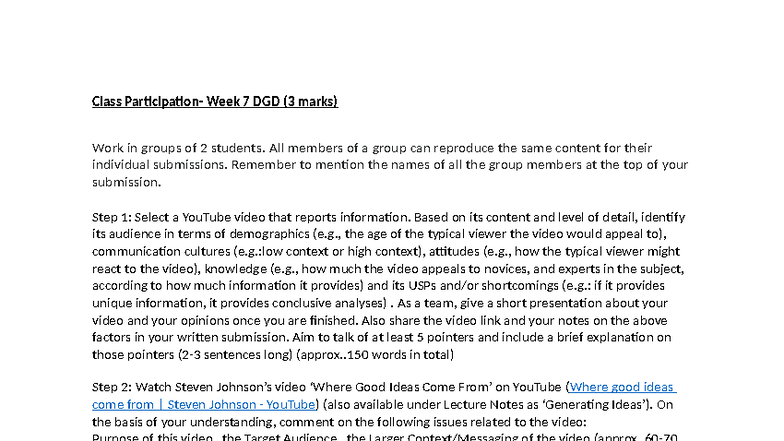 Class Task Week 7 DGD: YouTube Video Analysis & Presentation - Studocu