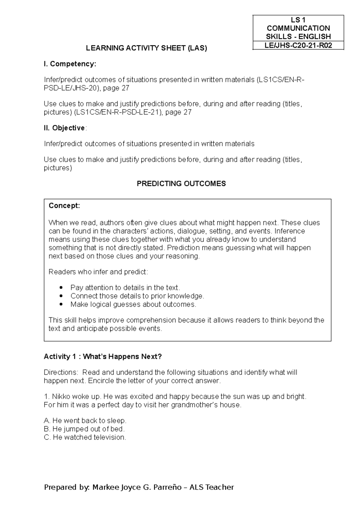 JHS02 - Learning Activity Sheet: Predicting Outcomes in Reading - Studocu