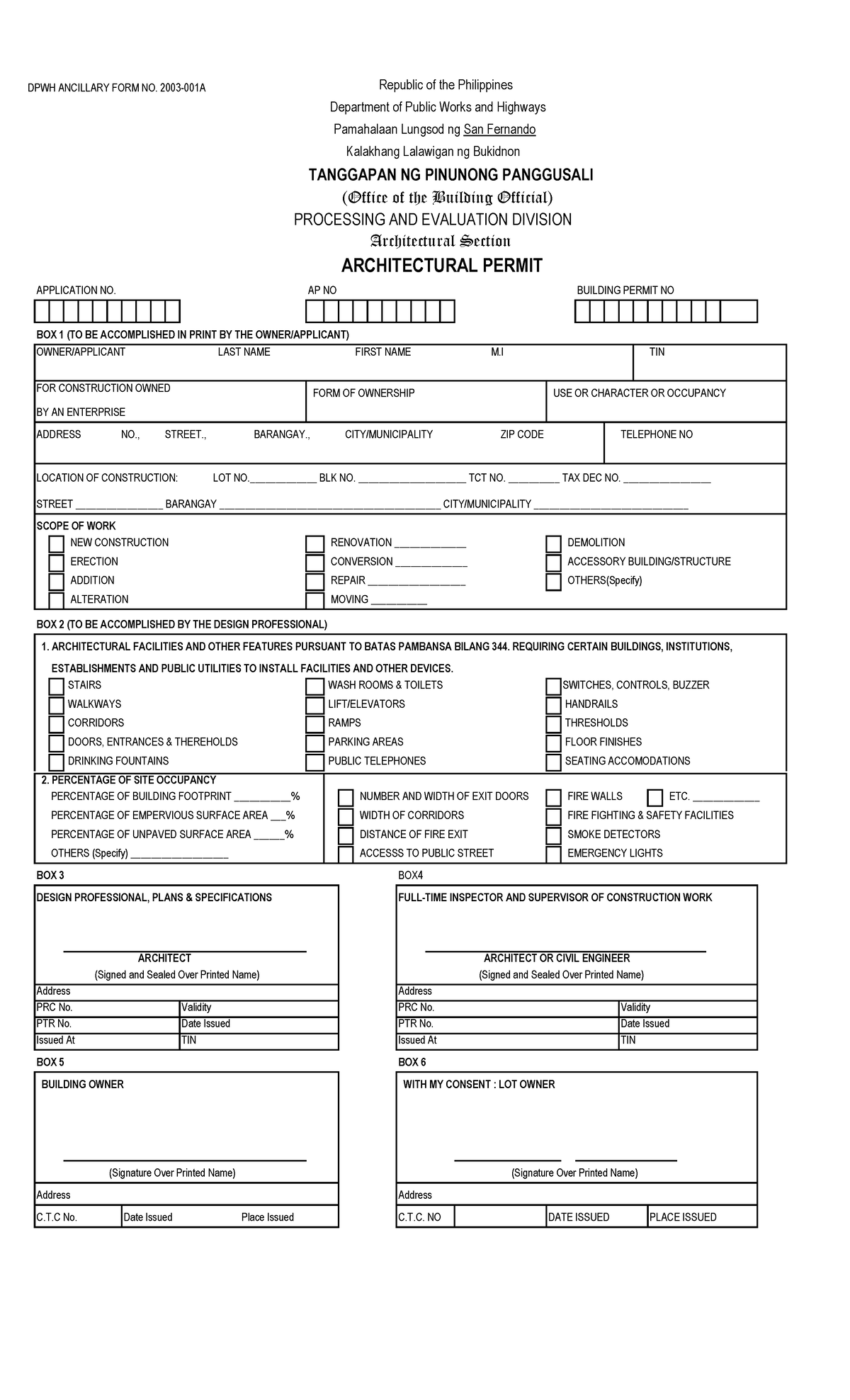Architectural Permit Application Form - DPWH ANCILLARY FORM 2003-001A ...