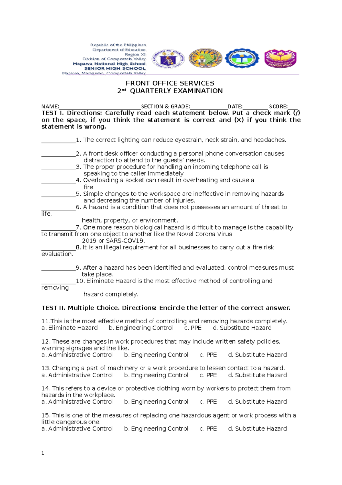 2nd Quarter Exam - Front Office Services Assessment - Studocu