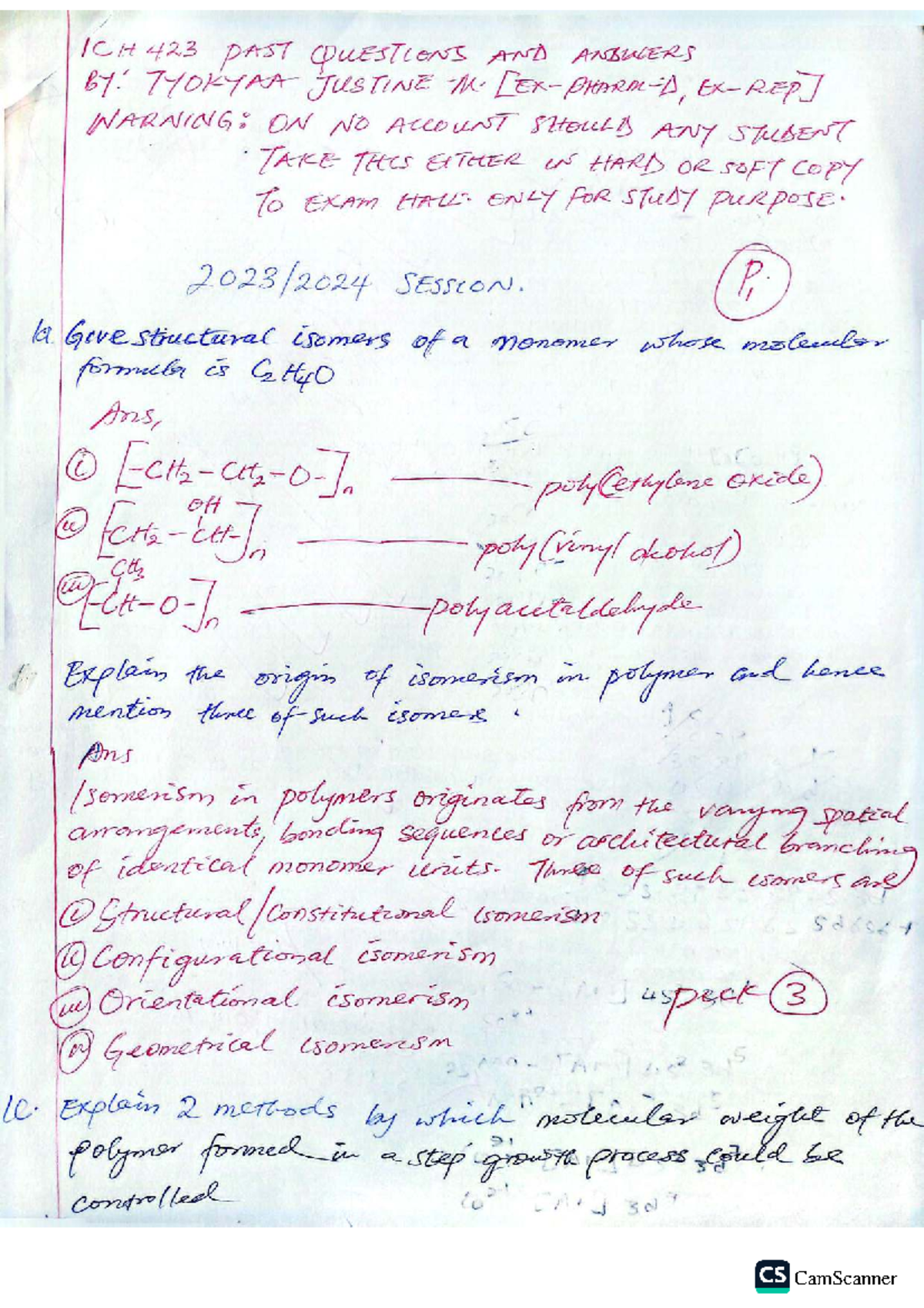 ICH 423 Polymer Chemistry Past Questions & Answers - Studocu