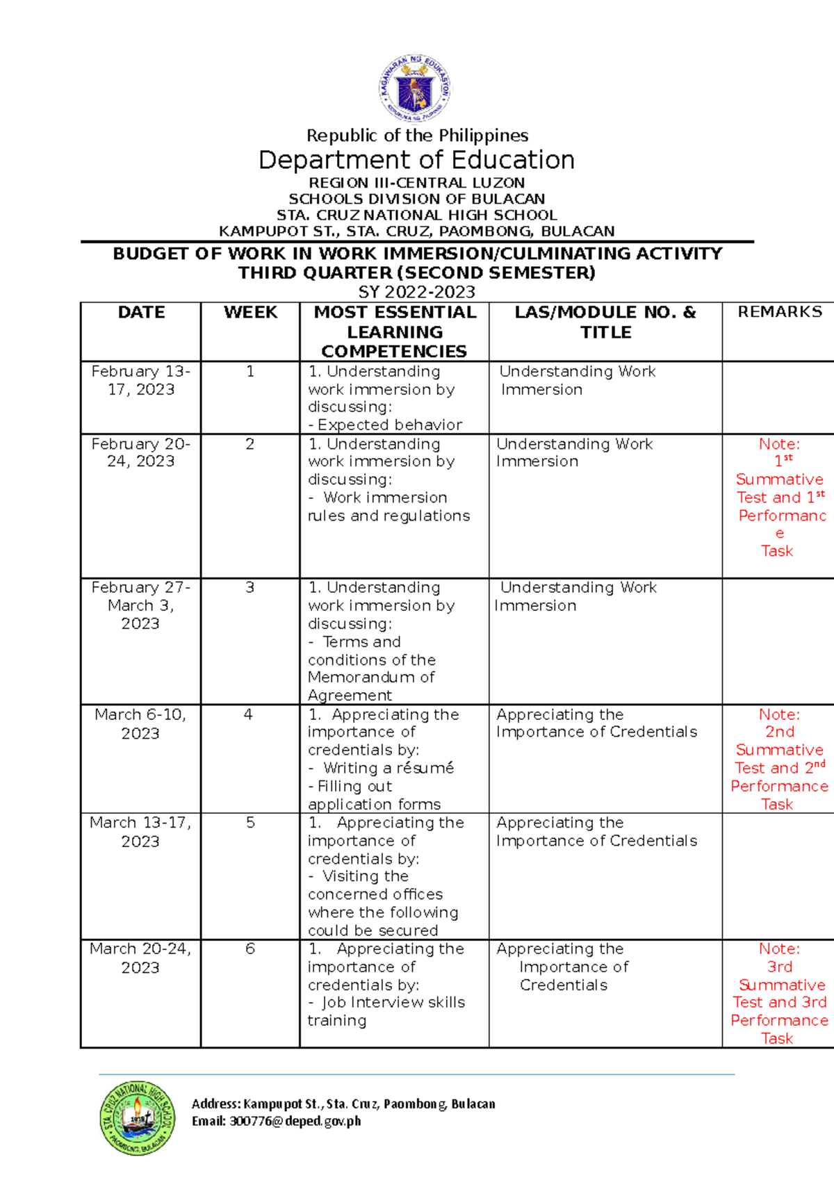 Q3 Budget of Work - Work Immersion - Republic of the Philippines ...