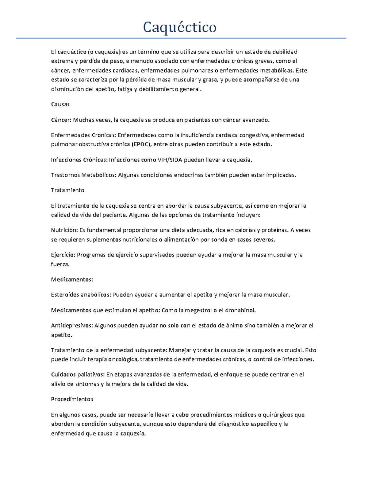Estudio sobre la Caquexia: Causas, Tratamientos y Cuidados - Studocu