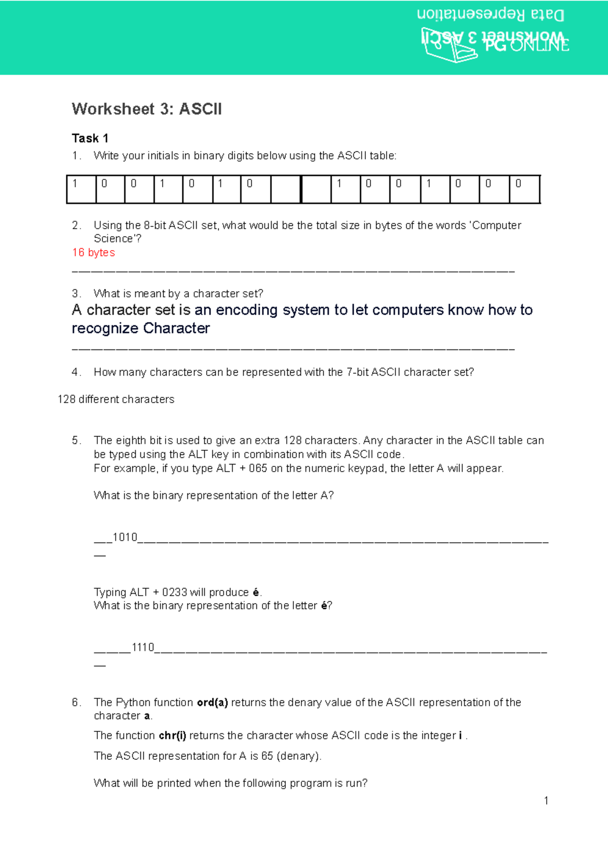 Jad Hatoum - Data Representation Worksheet 3 Ascii - Worksheet 3: ASCII ...