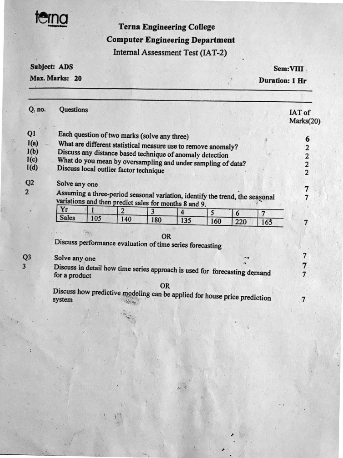 Internal Assessment Test (IAT) for CSC801, ADS, and Management - Sem 8 ...
