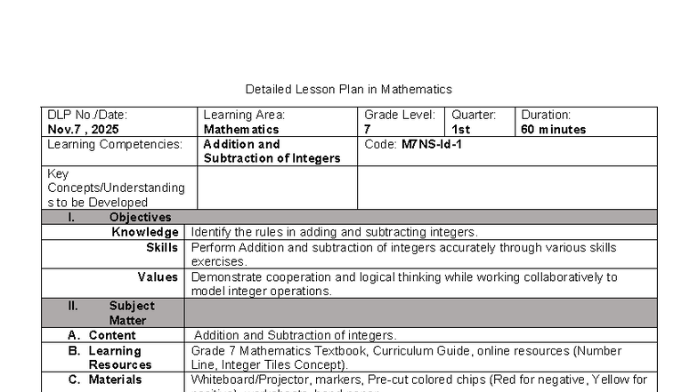 Detailed Lesson Plan in Mathematics (DLP) - Addition & Subtraction of ...