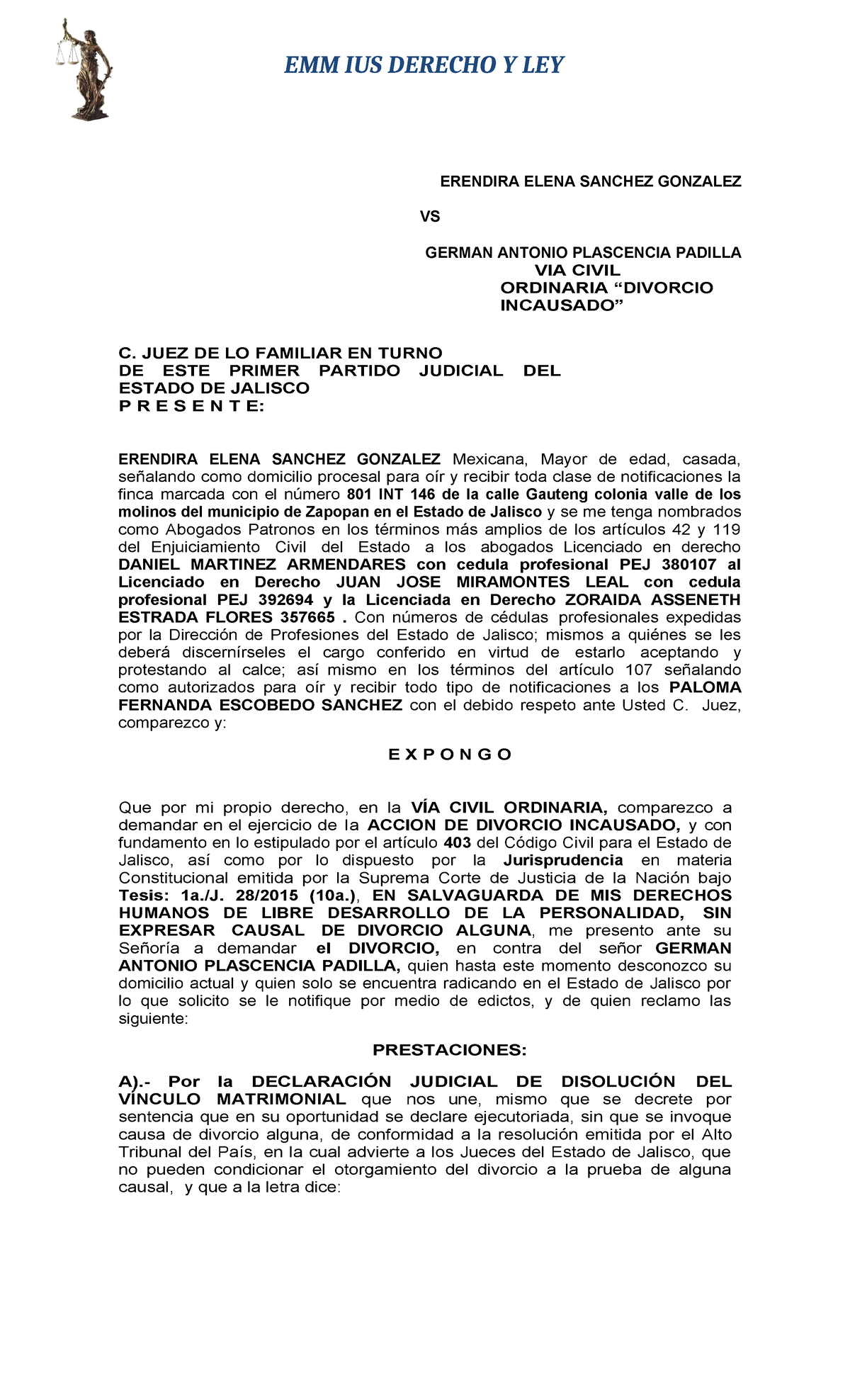 EMM IUS DERECHO Y LEY Demanda de Divorcio Incausado: Caso ERENDIRA vs ...