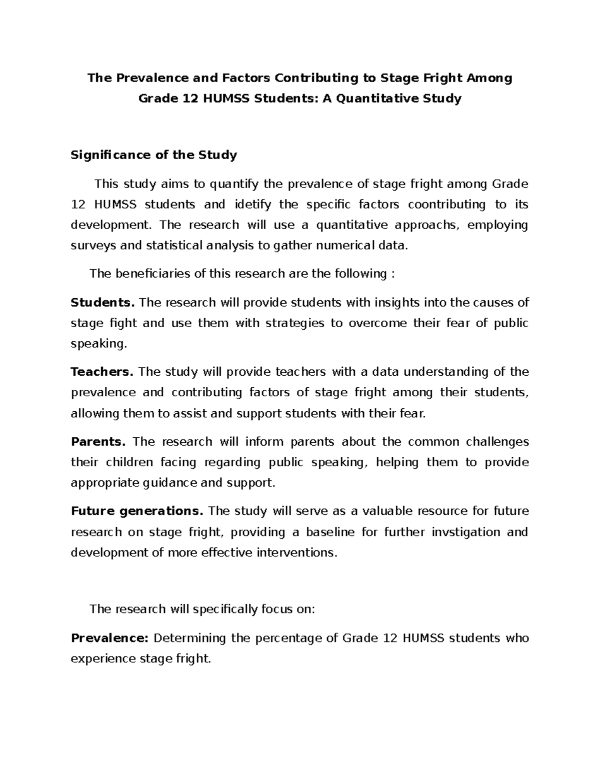 The Impact of Stage Fright on Grade 12 HUMSS Students: A Study - Studocu