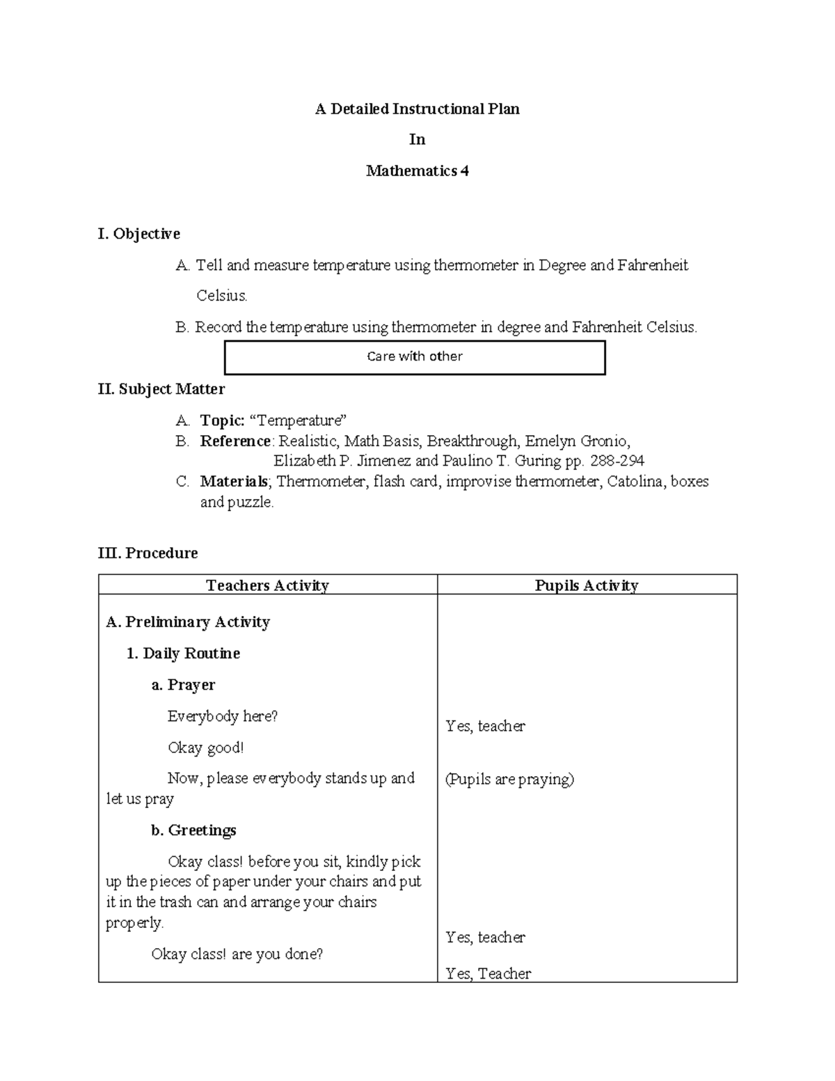 Mathematics 4 Lesson Plan: Understanding Temperature Measurement - Studocu