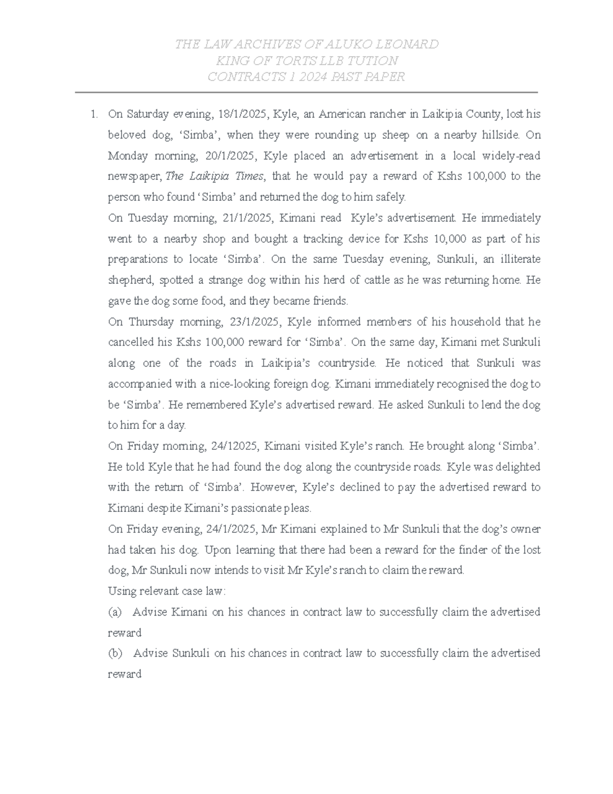 Contracts 1 2025 - Past Paper on Reward Claims in Tort Law - Studocu