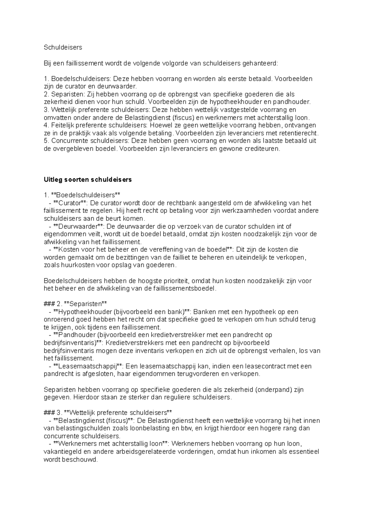 Uitleg rangorde van schuldeisers bij faillissementen - Studeersnel