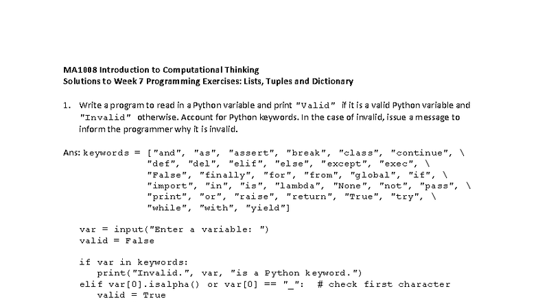 MA1008 Week 7 Solutions: Lists, Tuples, and Dictionaries in Python - Studocu