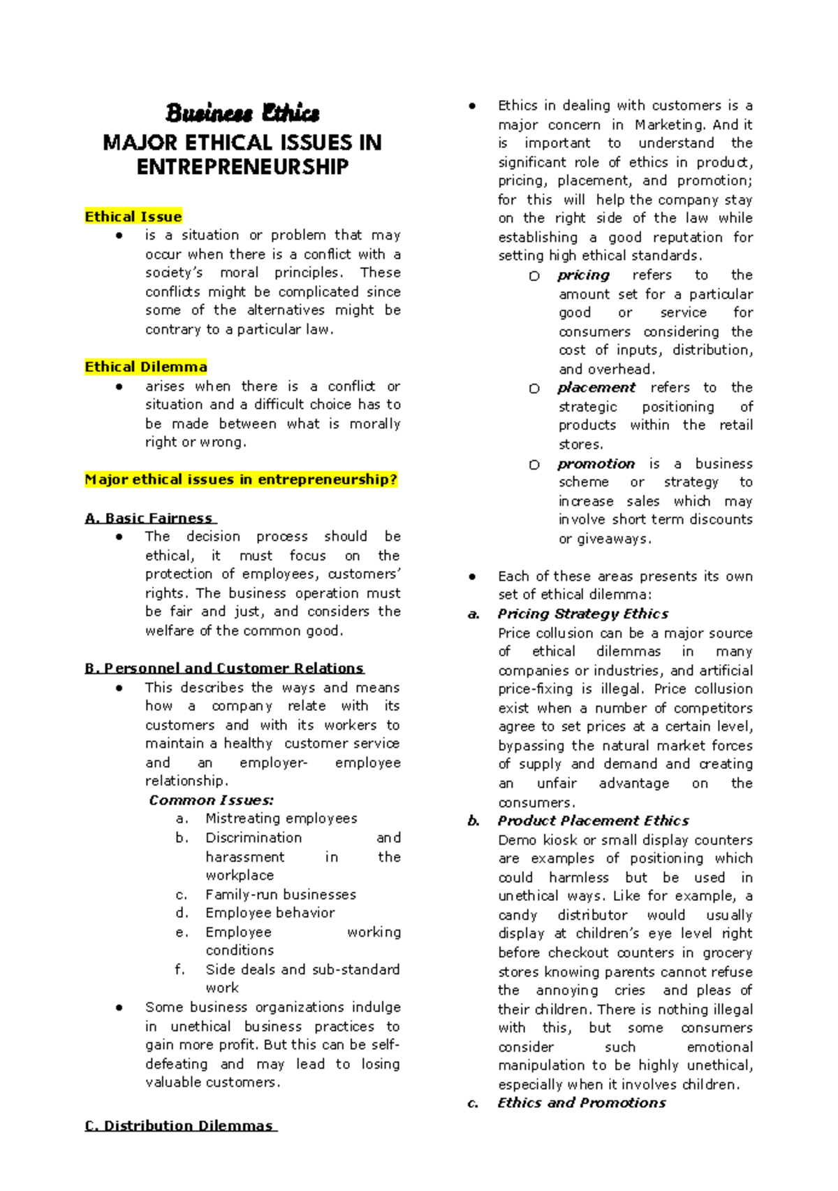 Ethical Issue and Dilemma - Business Ethics MAJOR ETHICAL ISSUES IN ...