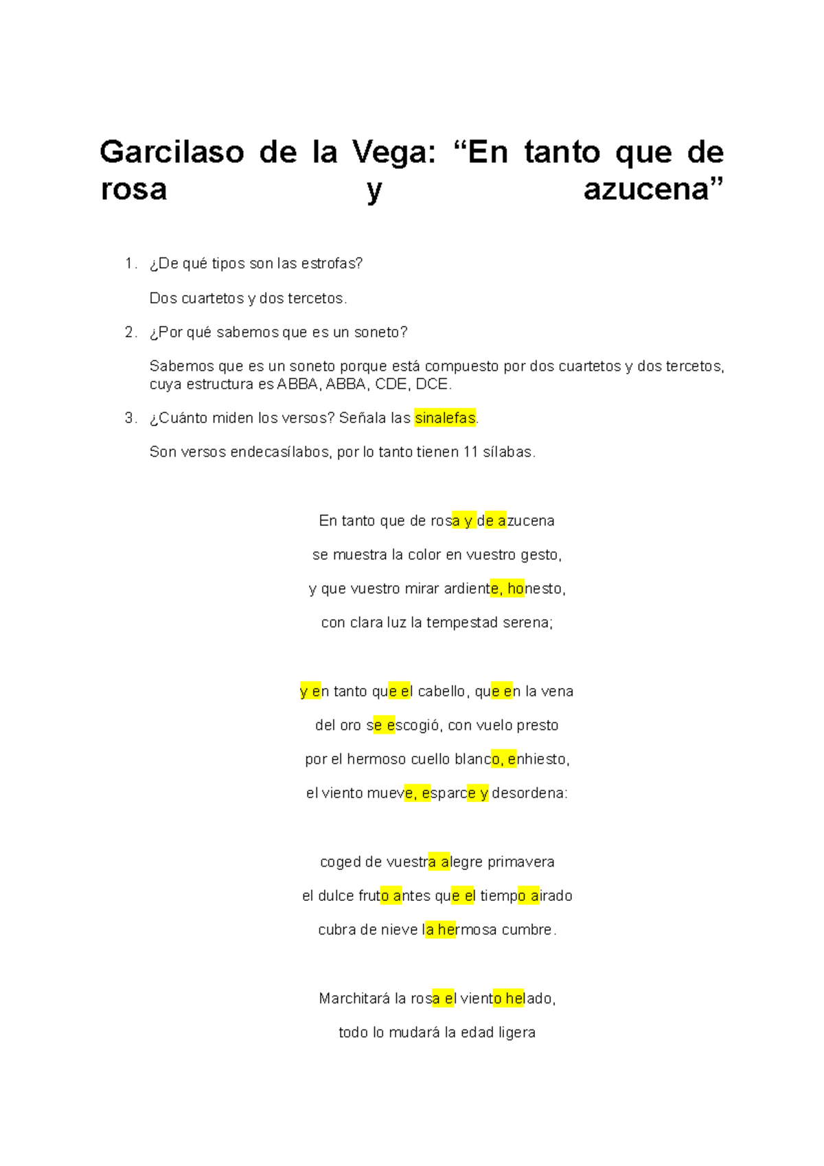 Garcilaso - Análisis del Soneto "En tanto que de rosa y azucena" - Studocu