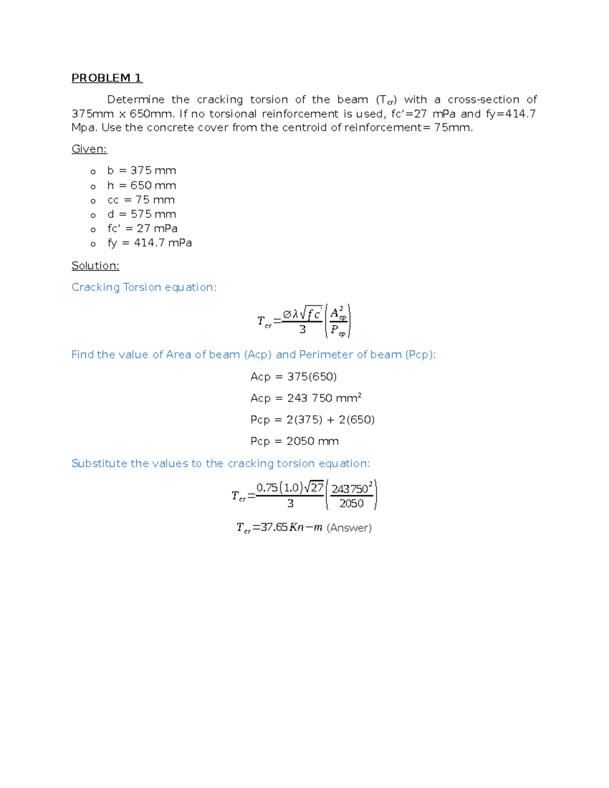 Torsion Design Problems in Beams (CE 102): Cracking & Reinforcement - Studocu