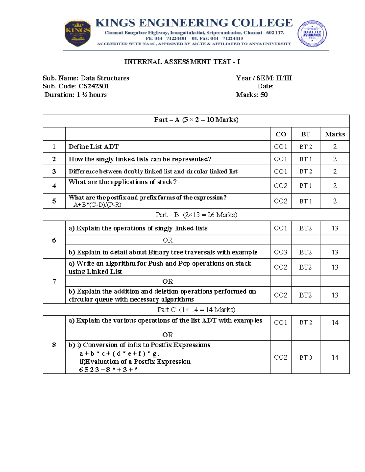 INTERNAL ASSESSMENT TEST I - Data Structures (CS242301) Notes - Studocu