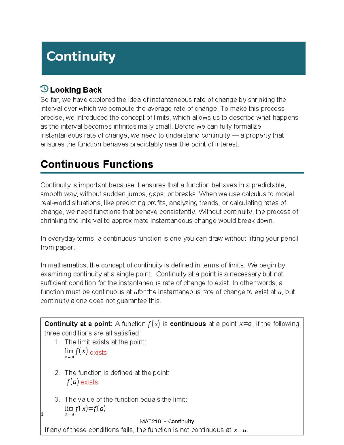 MAT210 1.3 Key Concepts: Understanding Continuity in Functions - Studocu