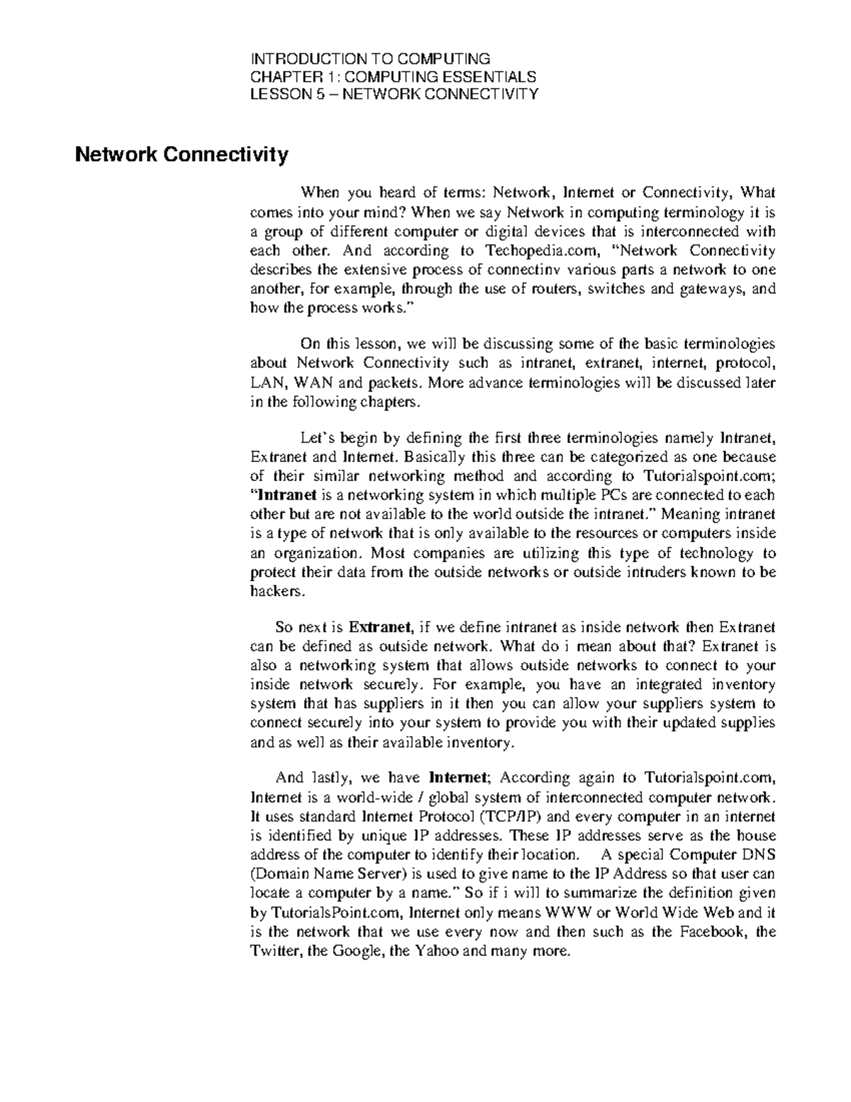 W2 Network Connectivity - Module - INTRODUCTION TO COMPUTING CHAPTER 1: COMPUTING ESSENTIALS ...