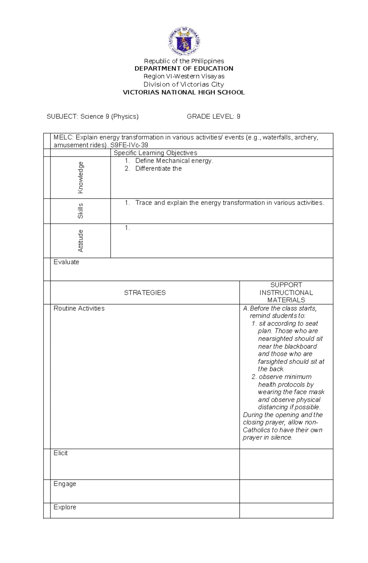 2D Projectile Motion Lesson Plan (Science 9) - Studocu