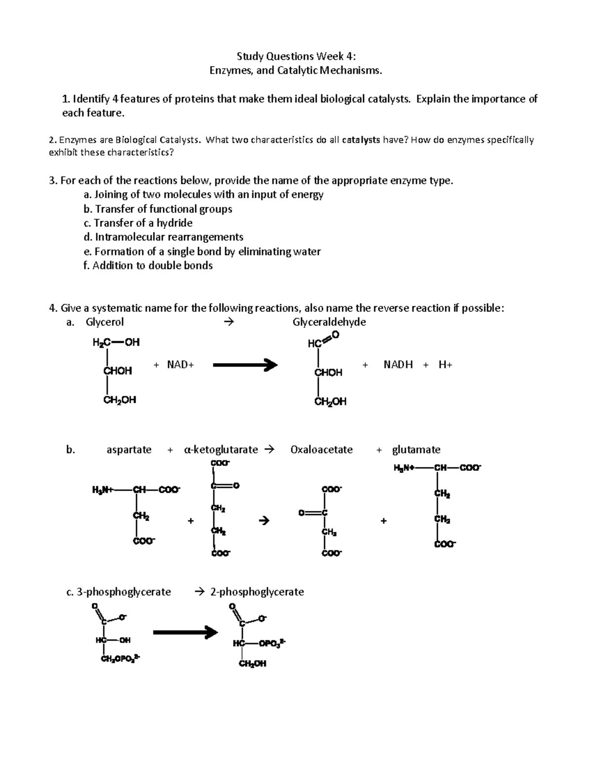 Week 4 Study questions - week 4 - Study Questions Week 4: Enzymes, and ...