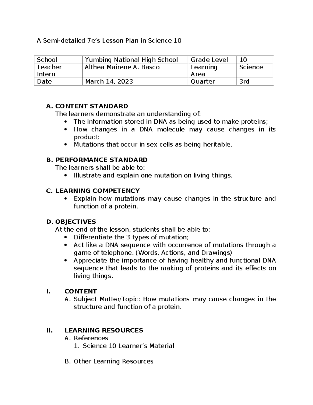 7e's Science Lesson Plan on DNA Mutations for Grade 10 - Studocu