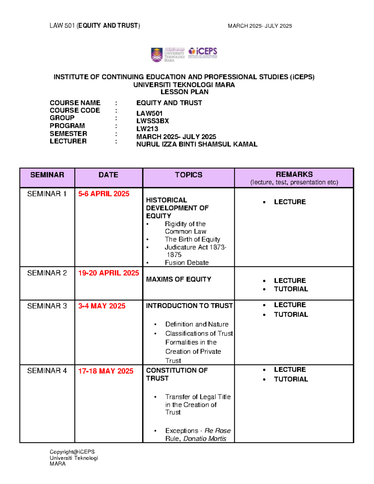 LP LAW501 - Equity and Trust Lesson Plan (March-July 2025) - Studocu