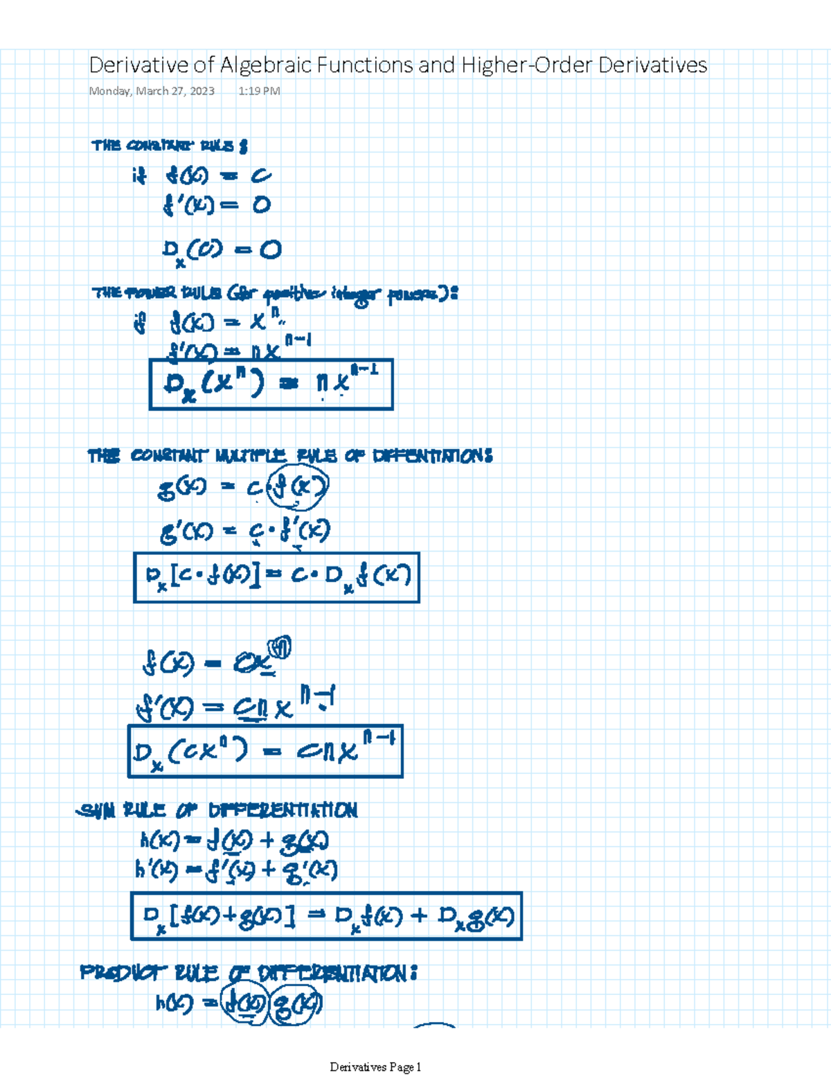 Derivative of Algebraic Functions and Higher Order Derivatives ...
